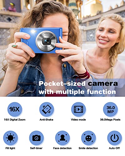 Digital Camera, Lecran FHD 1080P 36.0 Mega Pixels Vlogging Camera with 16X Digital Zoom, LCD Screen, Compact Portable Mini Cameras for Students, Teens, Kids (Blue)