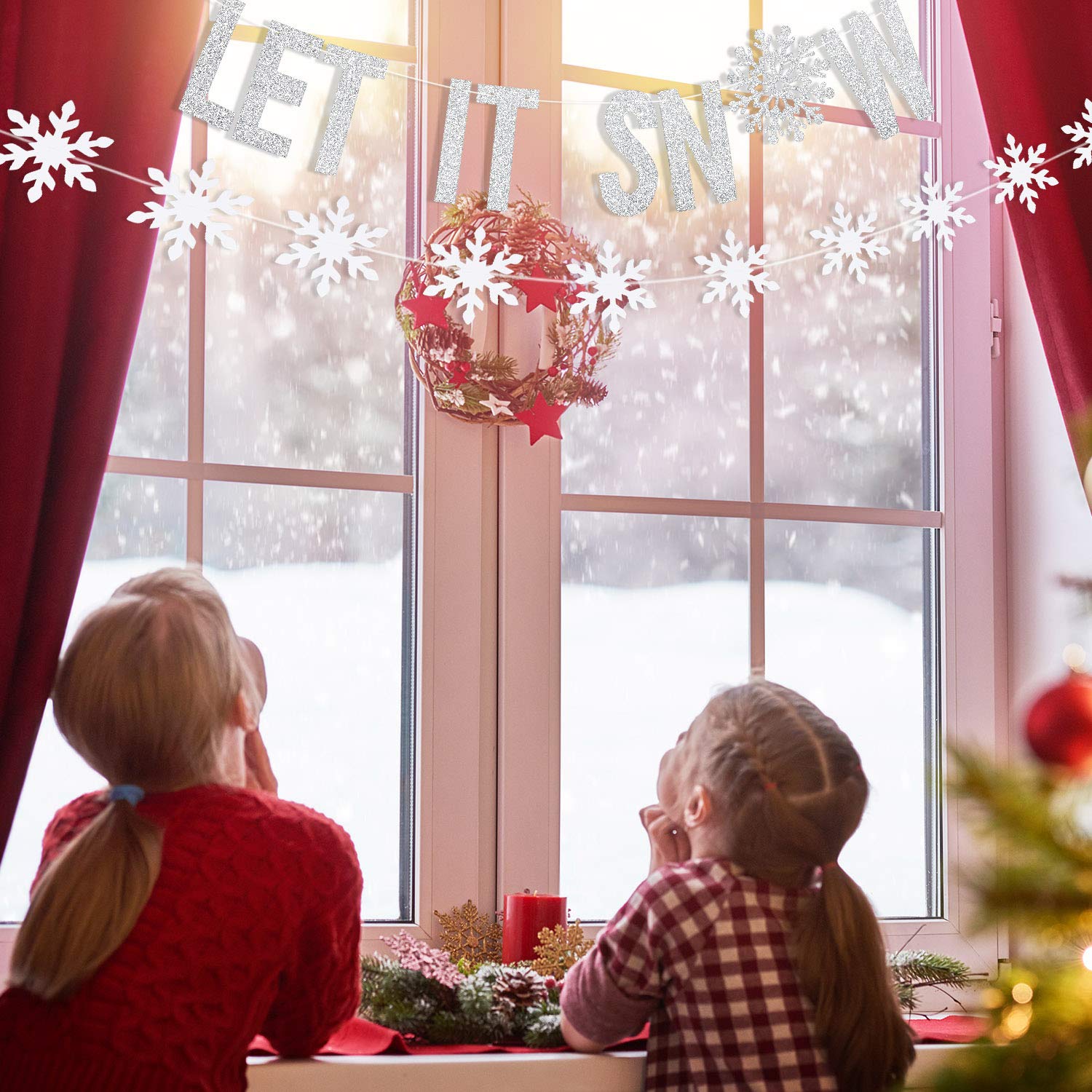 2 Pieces Let It Snow Banner, Glitter Winter Snowflake Banner and White Snowflake Hanging Garland Flag for Holiday Wall Decoration Christmas Party Supply