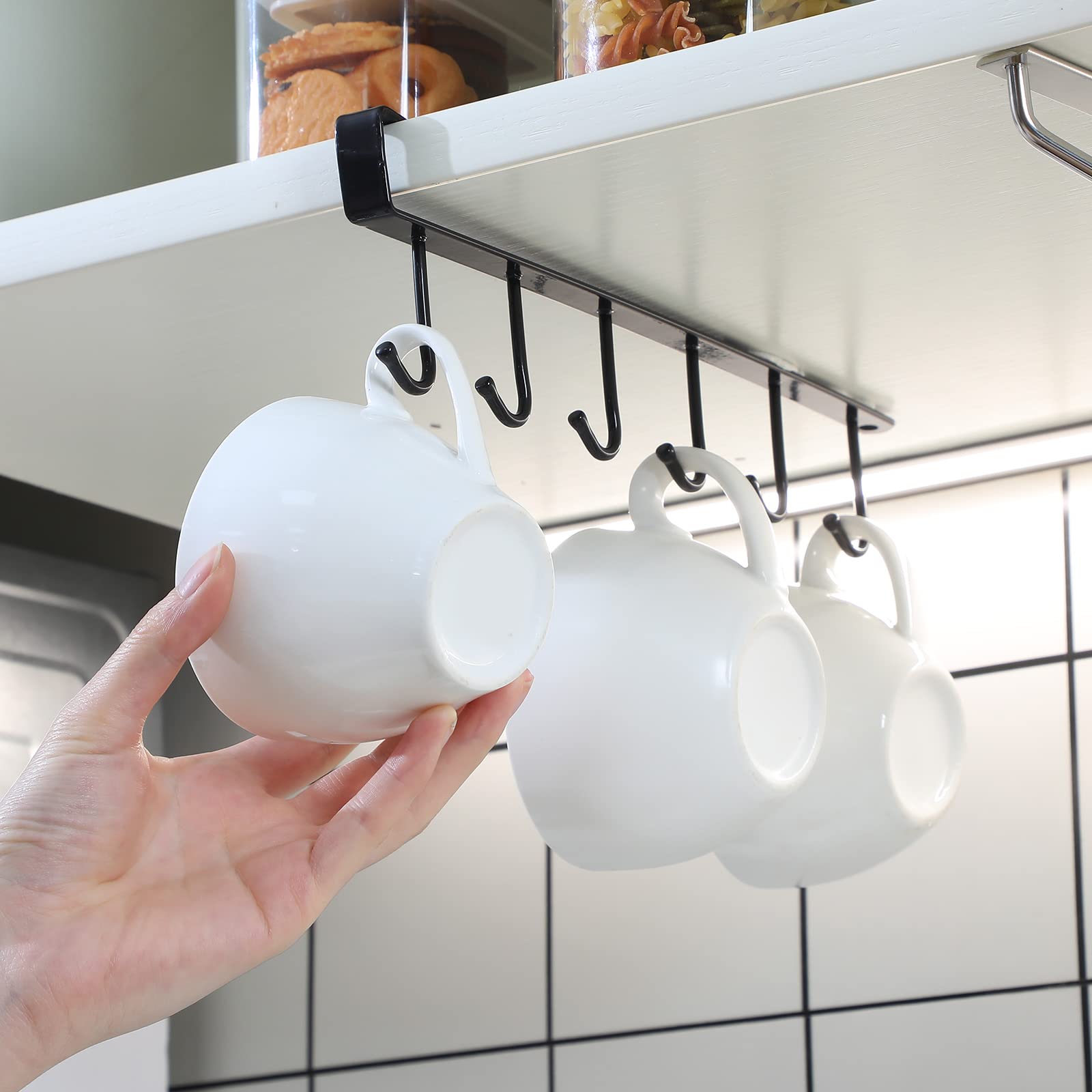 12 Pack 6 Hooks Utensil Racks Under Cabinet Black Hanging Mug Organizer Coffee Cup Under Shelf Home Storage Mug Holder and 12 Pcs Adhesive with Screws for Kitchen Utensil Under Cabinet Mug