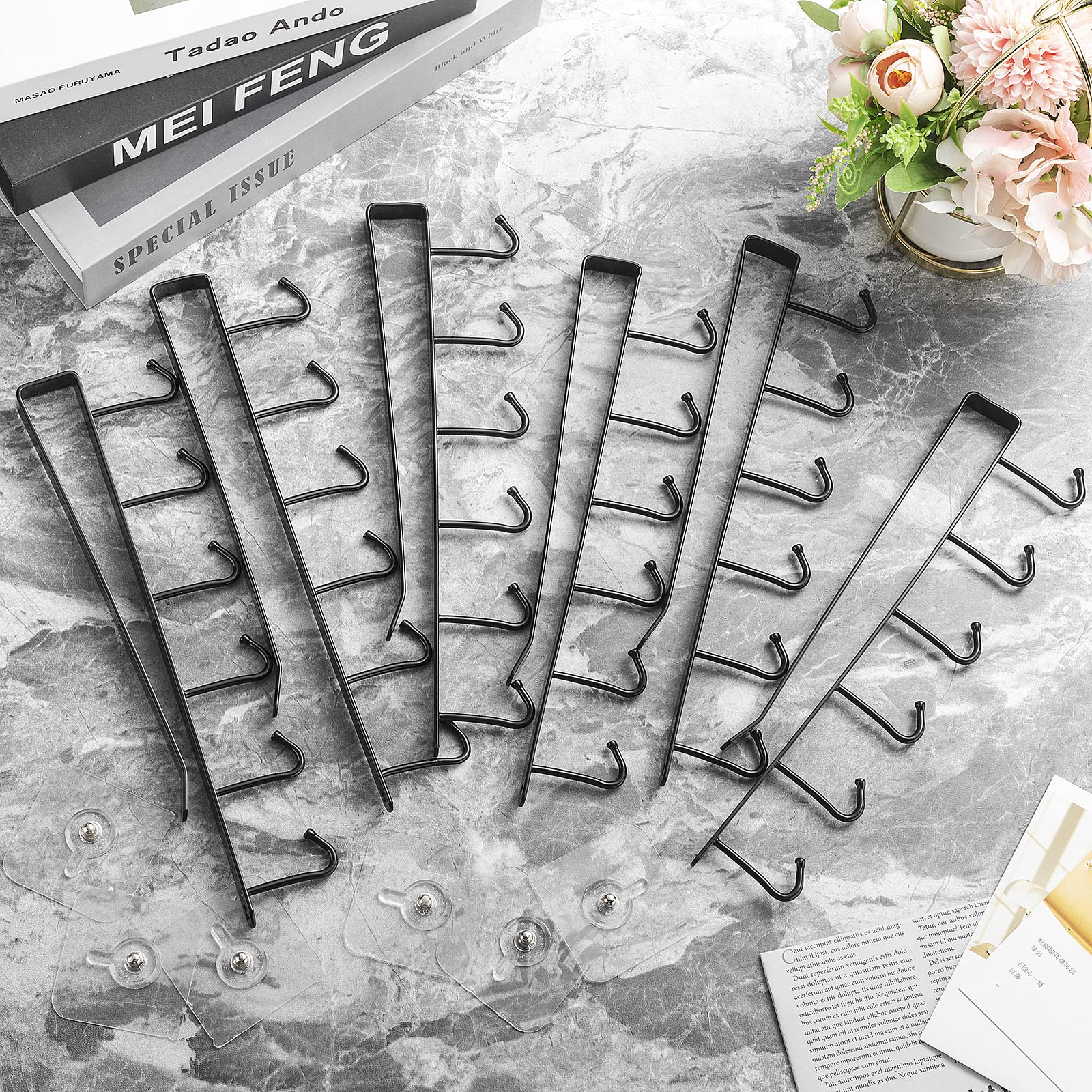 12 Pack 6 Hooks Utensil Racks Under Cabinet Black Hanging Mug Organizer Coffee Cup Under Shelf Home Storage Mug Holder and 12 Pcs Adhesive with Screws for Kitchen Utensil Under Cabinet Mug