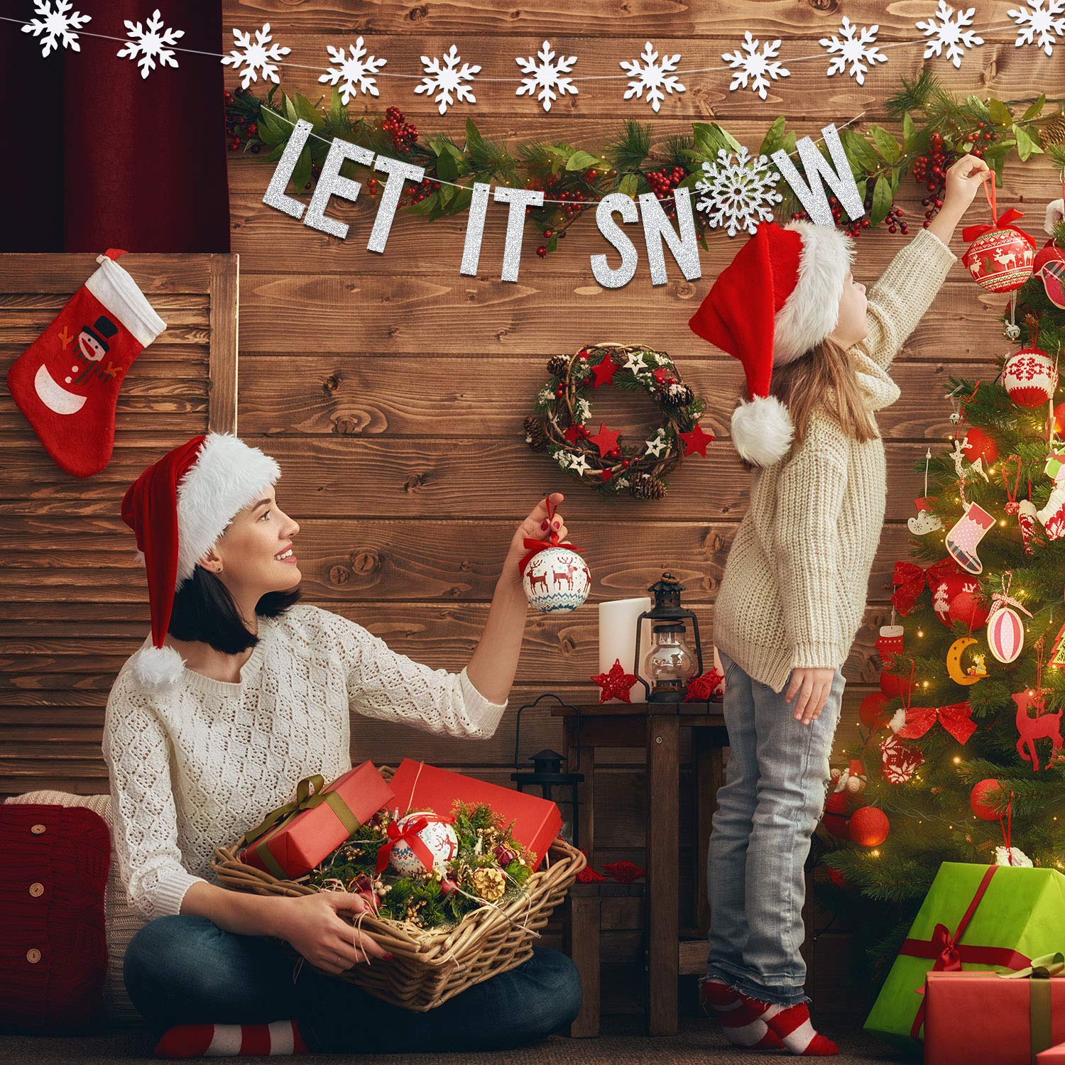 2 Pieces Let It Snow Banner, Glitter Winter Snowflake Banner and White Snowflake Hanging Garland Flag for Holiday Wall Decoration Christmas Party Supply