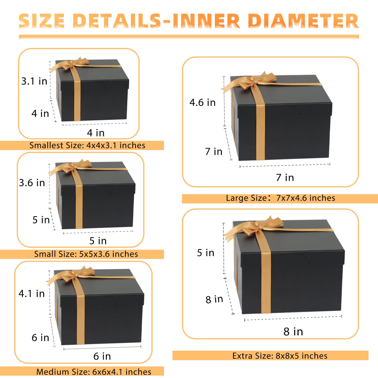 5 Pack Square Nesting Gift Boxes with Lids for Presents, Black Gift Box with Filler Ribbon Card Tag, Bridesmaid Proposal Stacking Gift Box for Gift Wrapping Wedding Birthday Party Valentine's Day Christmas (5PCS, Black)