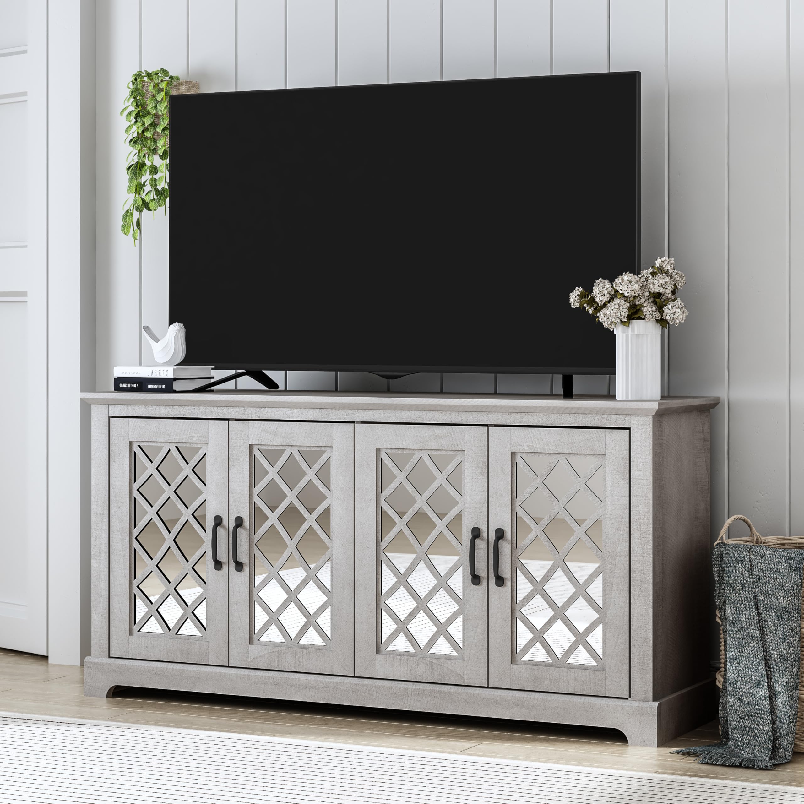 Galano Millicent 65 Inch TV Stand with Storage, Entertainment Center for Living Room, Boho Decor, Cabinet Organizer, 15.7" D x 59.1" W x 29.3" H, Dusty Grey Oak