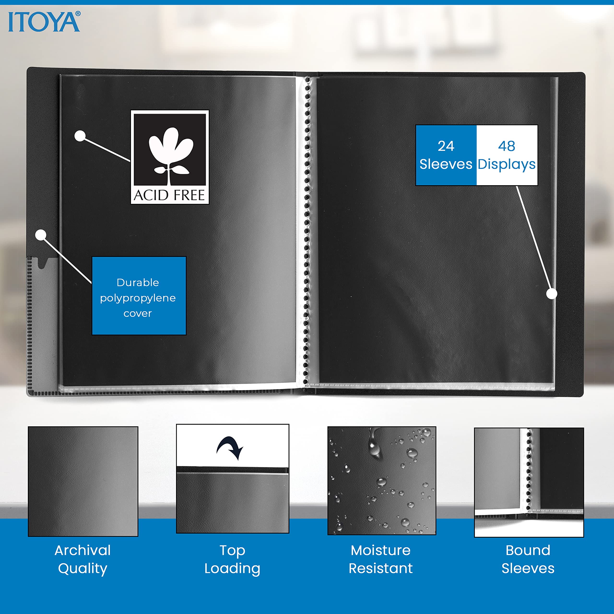 Itoya Polyproplene Art Storage/Display Books 18" x 24" | 24 Pages/48 Views | Scrapbooking Stickers 4 Pages of Emojis, Quotes, Letters & Numbers