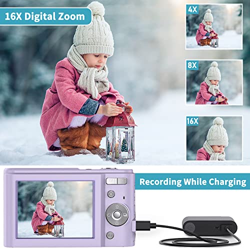 Digital Camera FHD 1080P 36MP Vlogging Camera Rechargeable Kids Camera with 16X Digital Zoom, LED Fill Light, LCD Screen, 2 Batteries, Compact Portable Pocket Camera for Teens Students (Purple)