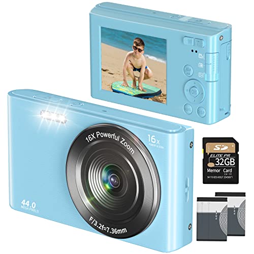 Digital Camera for Kids Teens Boys Girls Adults 4K 44MP with 32GB SD Card, 2.4 Inch Point and Shoot Camera with16X Digital Zoom, Compact Mini Camera Kids Camera for Students Seniors(Blue1)