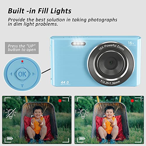 Digital Camera for Kids Teens Boys Girls Adults 4K 44MP with 32GB SD Card, 2.4 Inch Point and Shoot Camera with16X Digital Zoom, Compact Mini Camera Kids Camera for Students Seniors(Blue1)