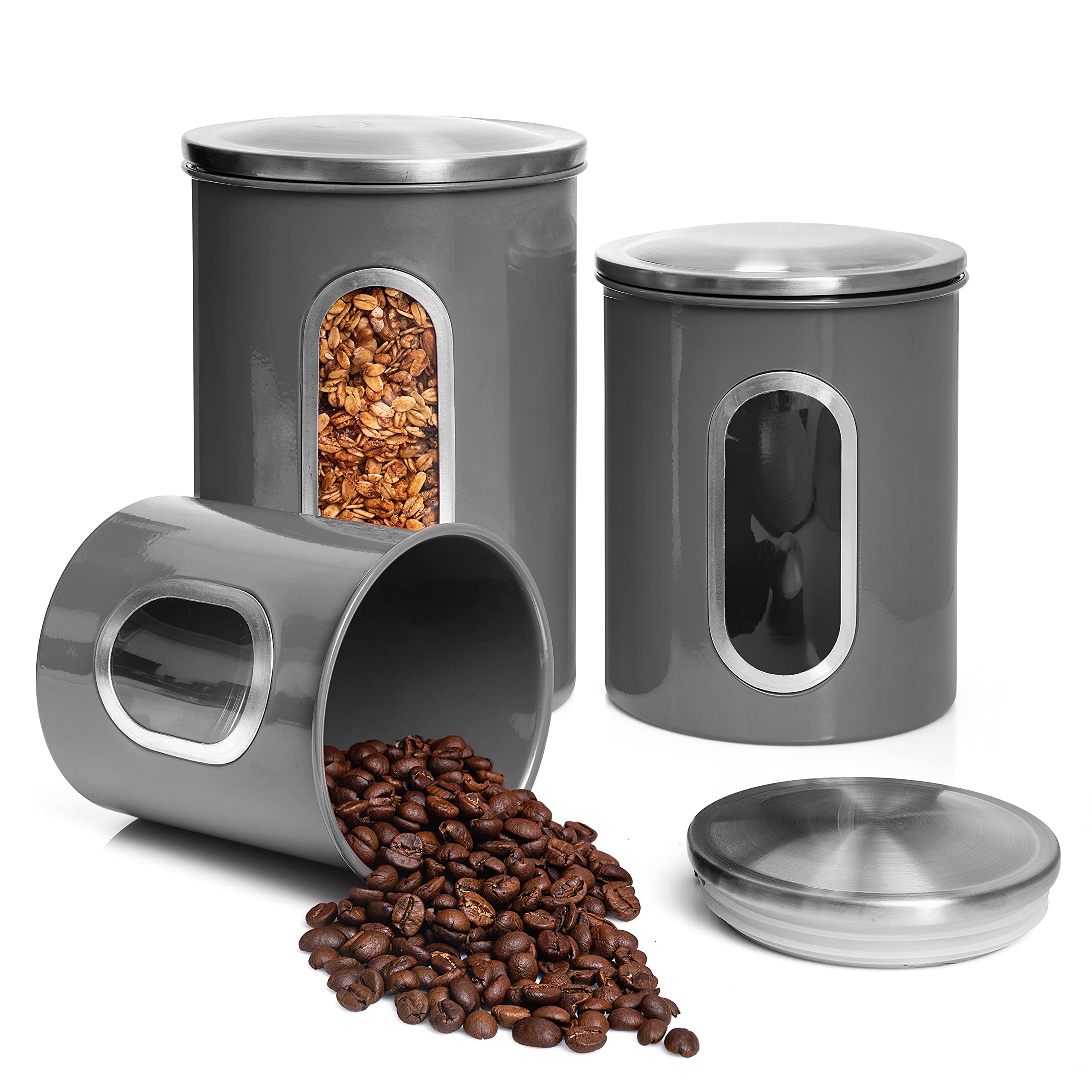 Moss And Stone 3 Piece Gray Canisters Sets For The Kitchen, Kitchen Jars With See Through Window | Airtight Coffee Container, Tea Organizer, And Sugar Canister, Kitchen Canisters Set of 3 (Grey)