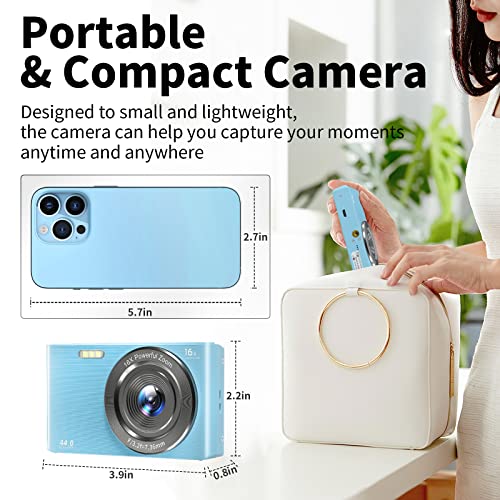 Digital Camera for Kids Teens Boys Girls Adults 4K 44MP with 32GB SD Card, 2.4 Inch Point and Shoot Camera with16X Digital Zoom, Compact Mini Camera Kids Camera for Students Seniors(Blue1)