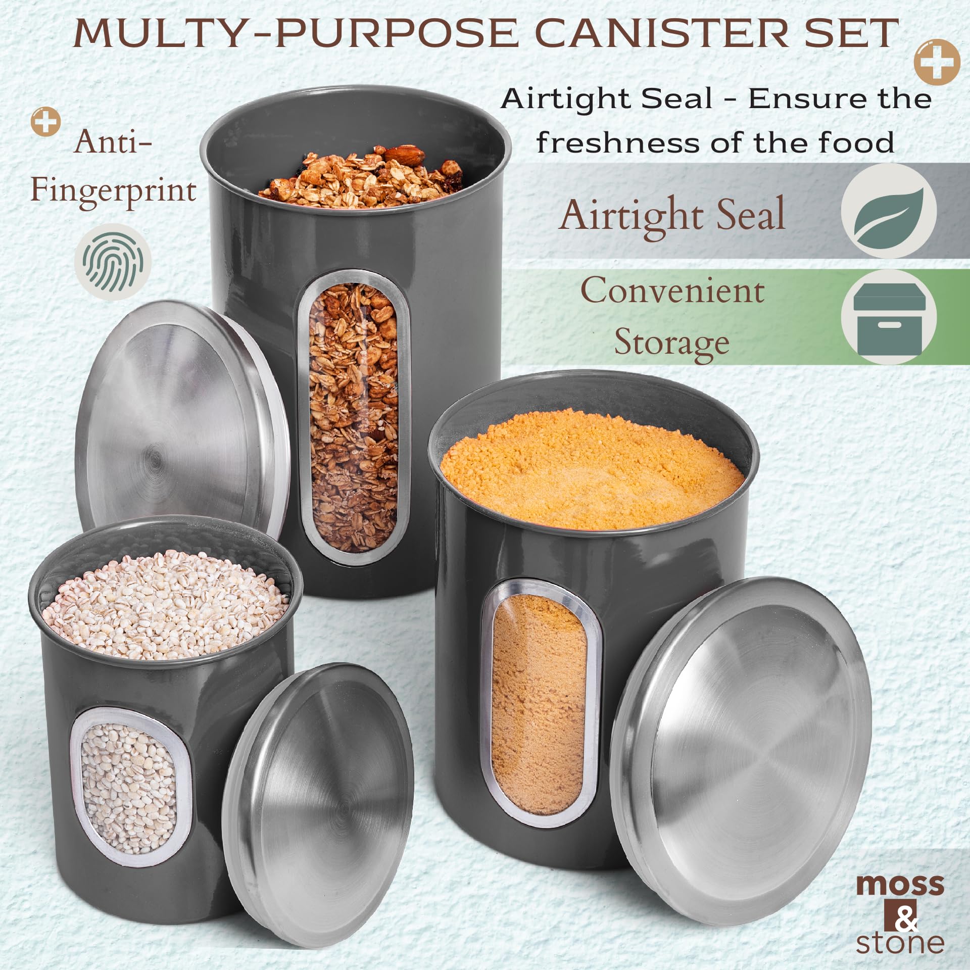 Moss And Stone 3 Piece Gray Canisters Sets For The Kitchen, Kitchen Jars With See Through Window | Airtight Coffee Container, Tea Organizer, And Sugar Canister, Kitchen Canisters Set of 3 (Grey)