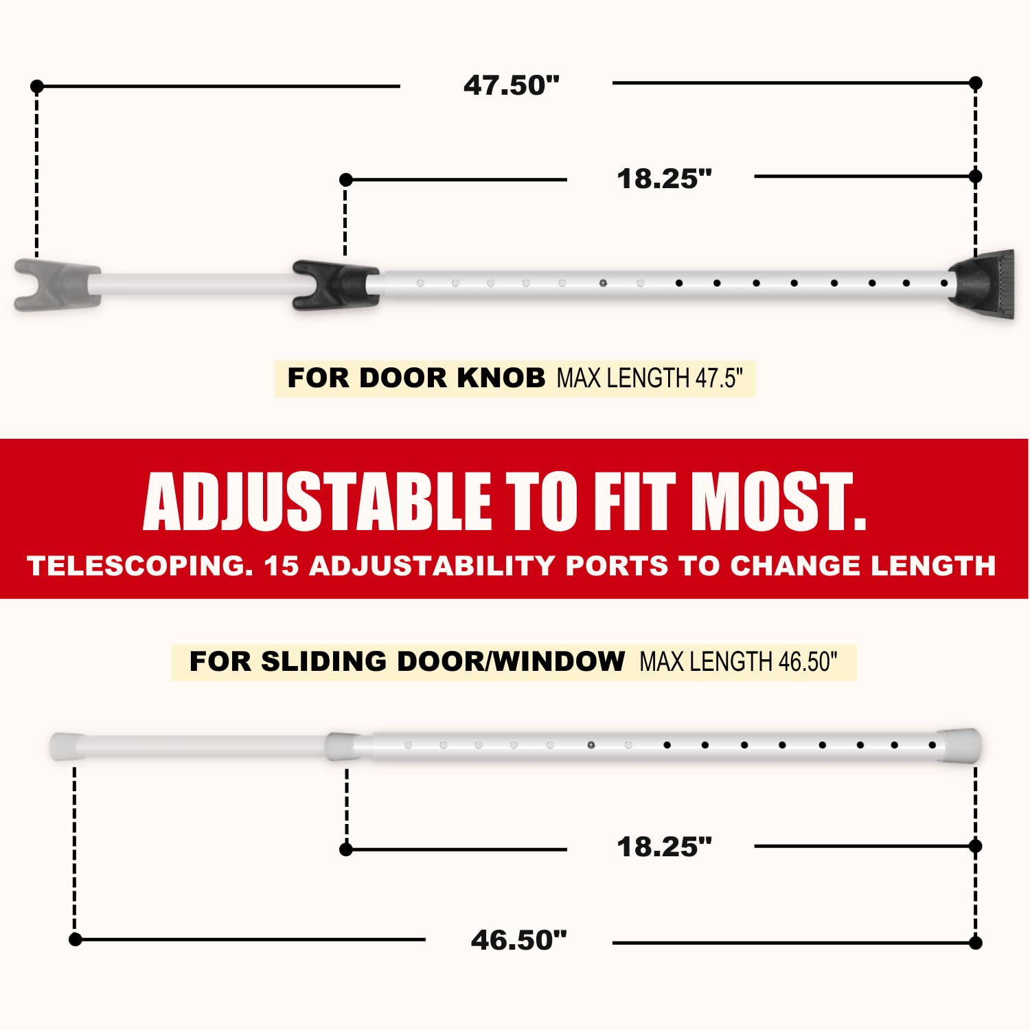 SECURITYMAN 2-in-1 Door Security Bar with Alarm & Sliding Door Stopper Security Bar with 120db Loud Alert Siren - Durable & Rugged Iron, (Protects Against Scratches), White 2021 Model (SECURITYBARS)