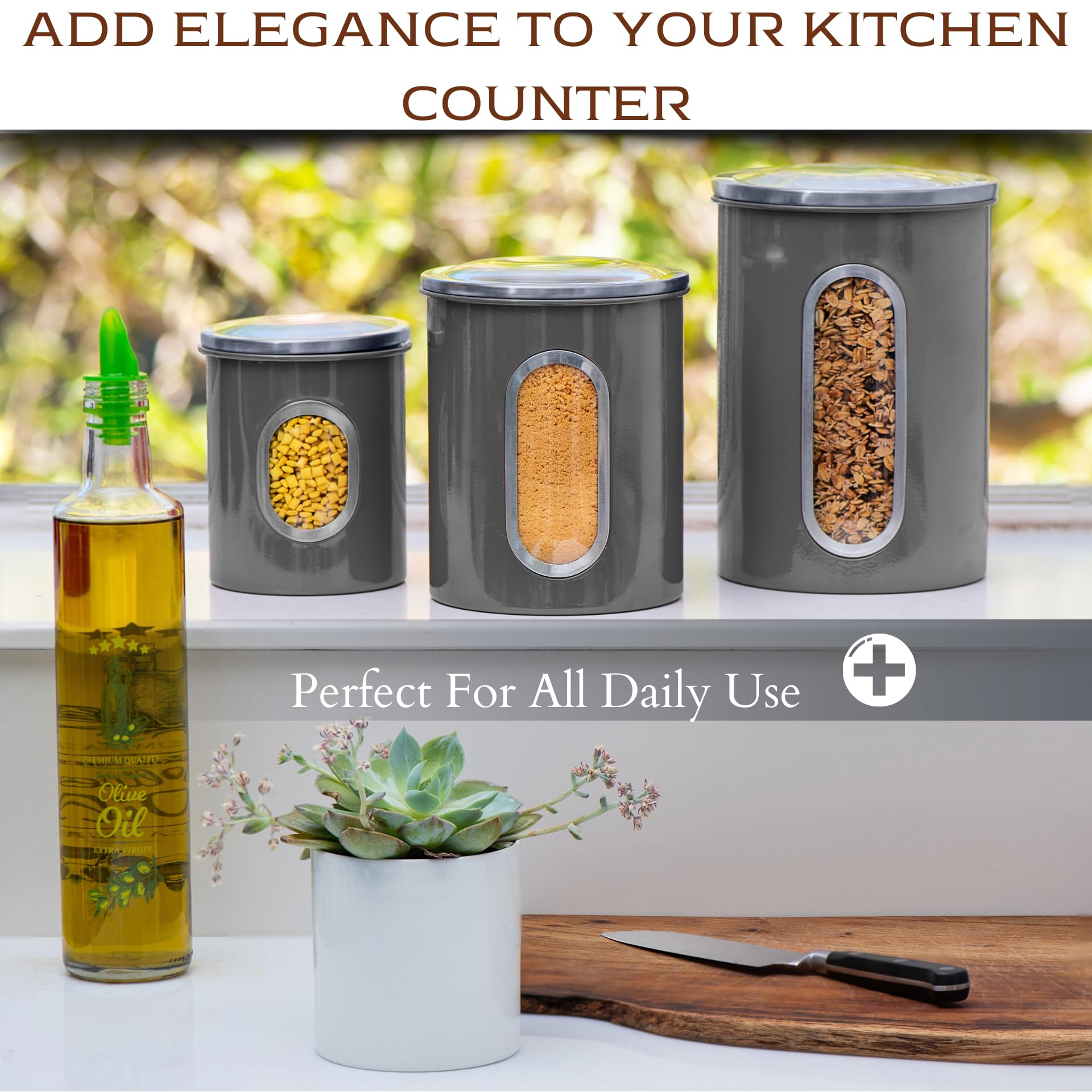 Moss And Stone 3 Piece Gray Canisters Sets For The Kitchen, Kitchen Jars With See Through Window | Airtight Coffee Container, Tea Organizer, And Sugar Canister, Kitchen Canisters Set of 3 (Grey)