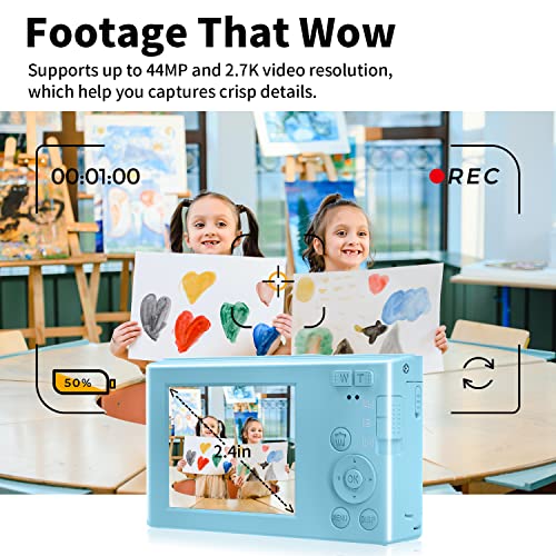 Digital Camera for Kids Teens Boys Girls Adults 4K 44MP with 32GB SD Card, 2.4 Inch Point and Shoot Camera with16X Digital Zoom, Compact Mini Camera Kids Camera for Students Seniors(Blue1)