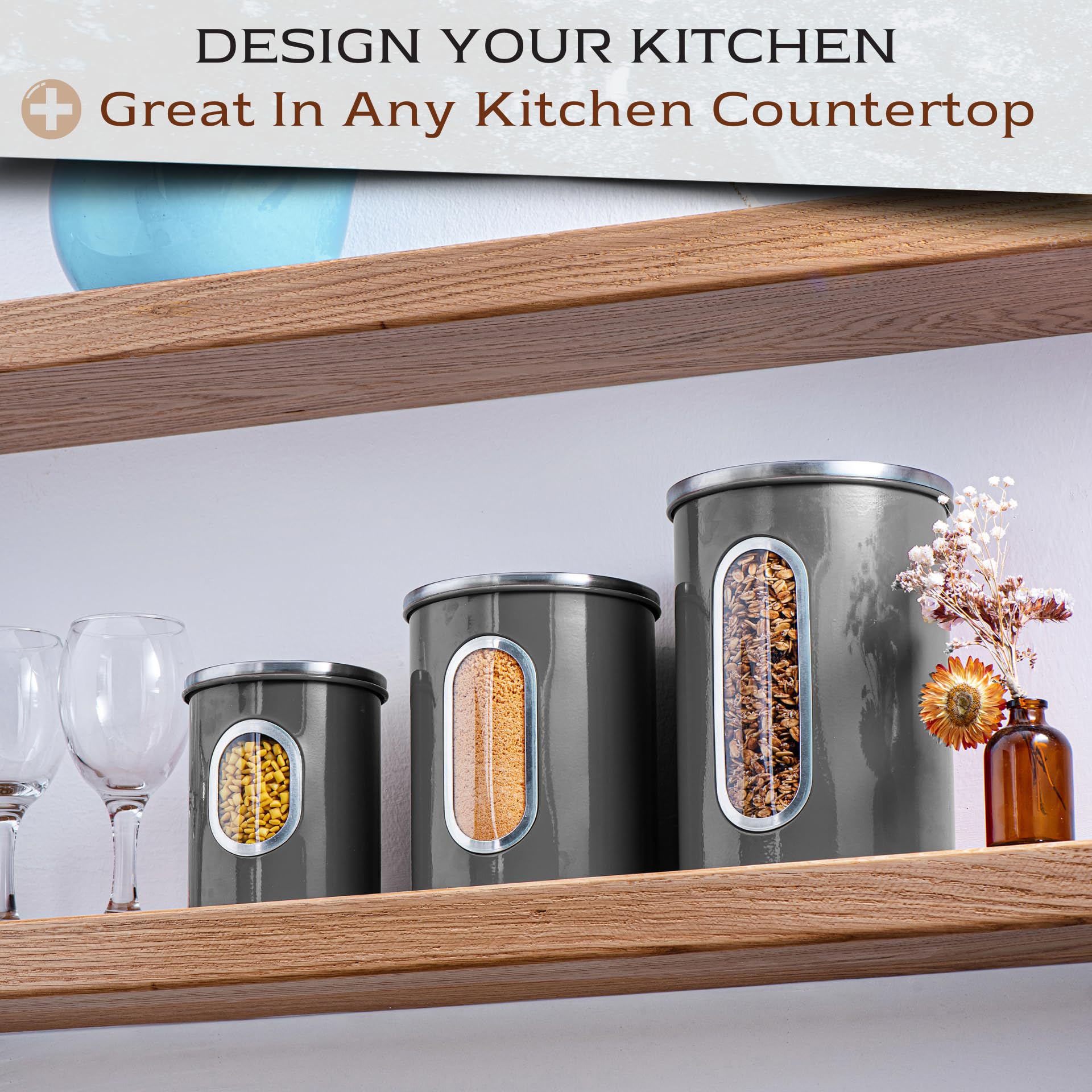 Moss And Stone 3 Piece Gray Canisters Sets For The Kitchen, Kitchen Jars With See Through Window | Airtight Coffee Container, Tea Organizer, And Sugar Canister, Kitchen Canisters Set of 3 (Grey)