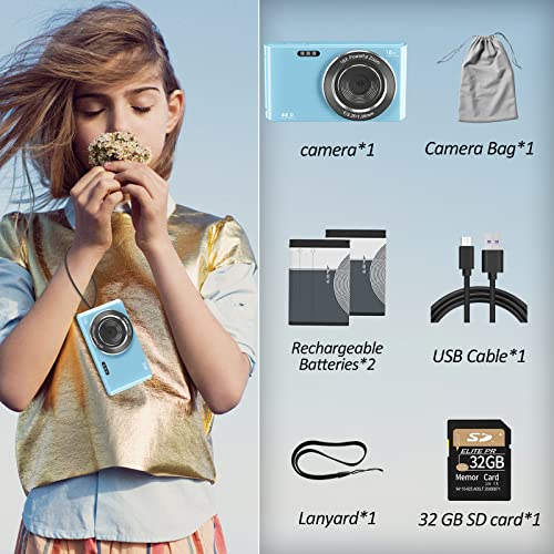 Digital Camera for Kids Teens Boys Girls Adults 4K 44MP with 32GB SD Card, 2.4 Inch Point and Shoot Camera with16X Digital Zoom, Compact Mini Camera Kids Camera for Students Seniors(Blue1)