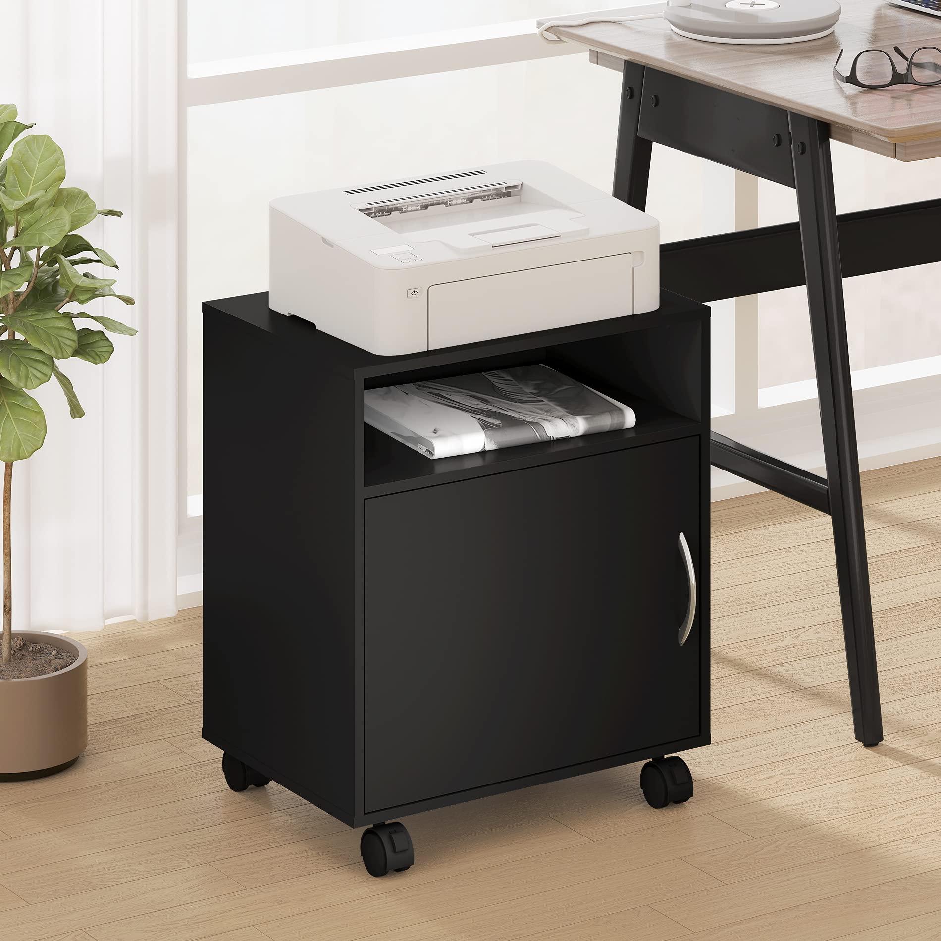FITUEYES Printer Stand with Adjustable Storage Shelves, Mobile Black Wood Work Cart on Wheels, Rolling File Cabinet with Door for Home Office, PS404801WB