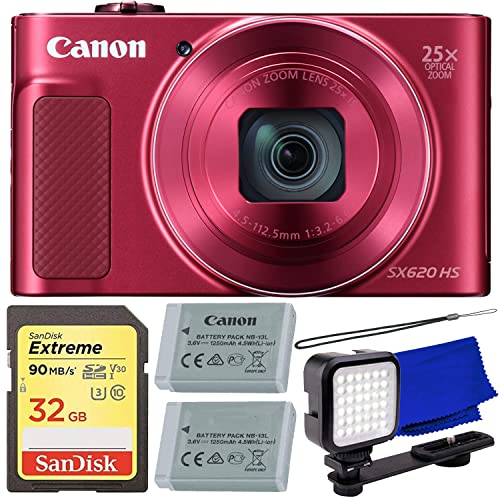 Canon PowerShot SX620 HS Digital Camera (Red) + SanDisk Extreme 32GB Memory Card, Extended Life Replacement Battery (1600mAh), Ultra Bright LED Light with Bracket & More (9pc Bundle)