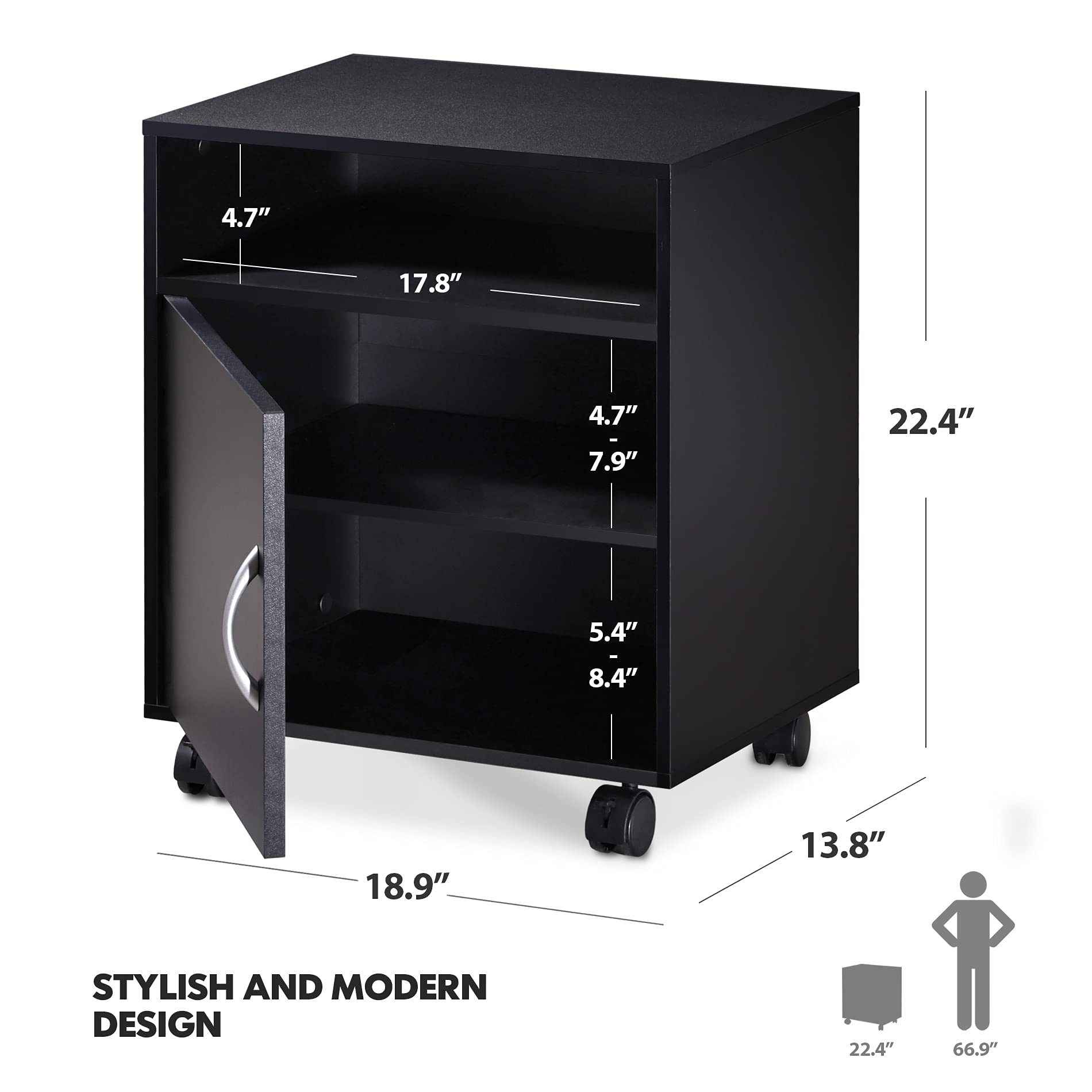 FITUEYES Printer Stand with Adjustable Storage Shelves, Mobile Black Wood Work Cart on Wheels, Rolling File Cabinet with Door for Home Office, PS404801WB