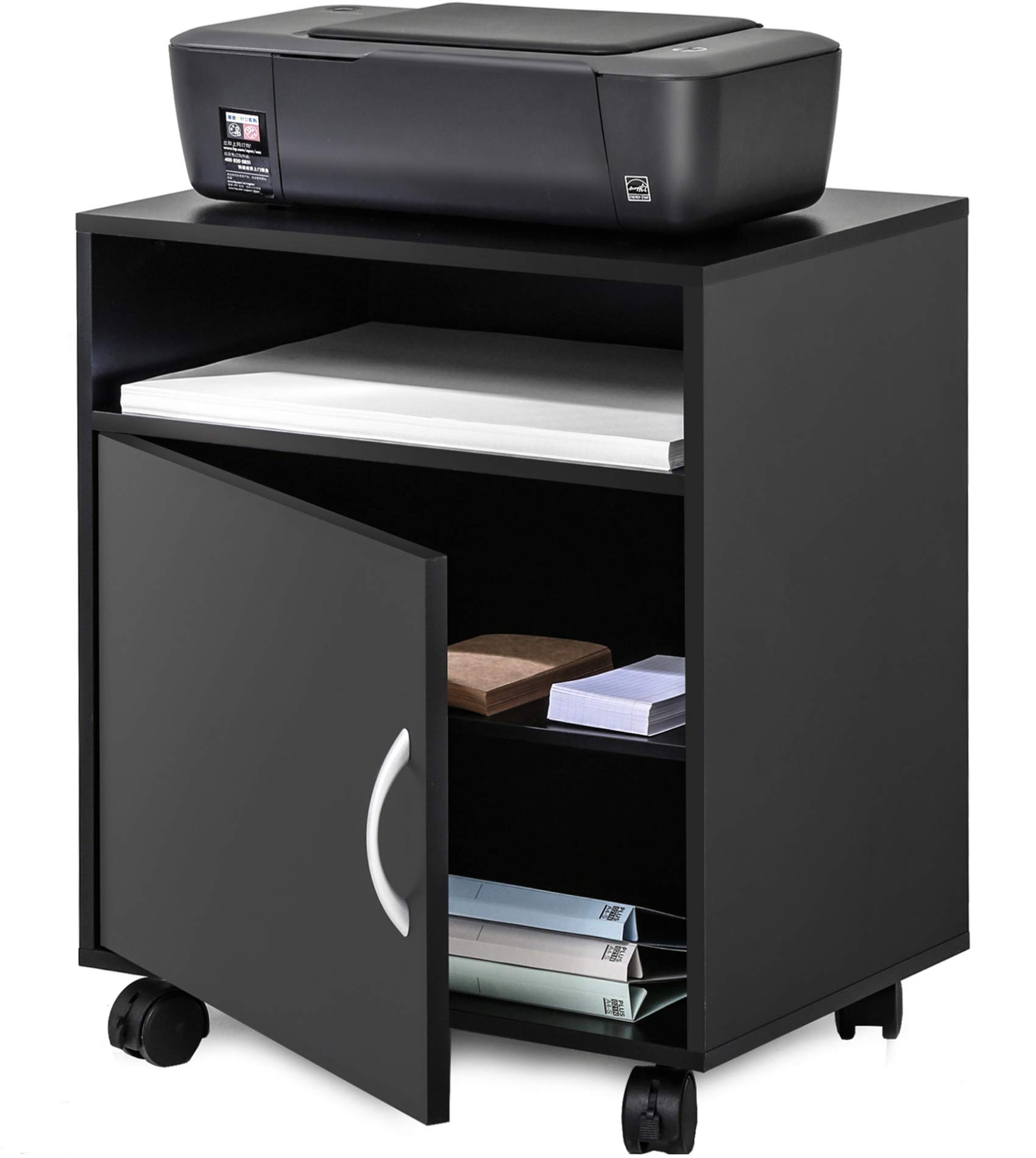 FITUEYES Printer Stand with Adjustable Storage Shelves, Mobile Black Wood Work Cart on Wheels, Rolling File Cabinet with Door for Home Office, PS404801WB