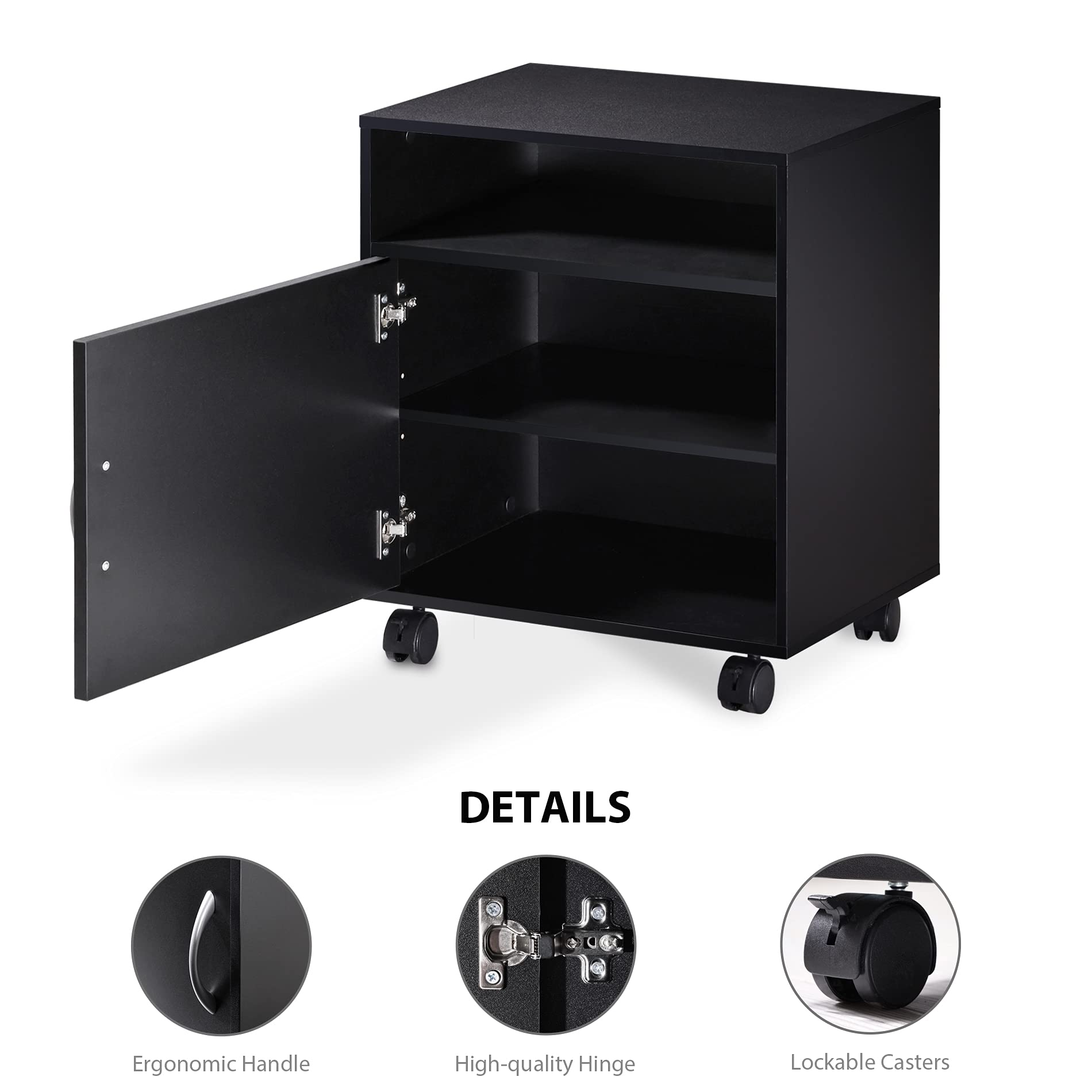 FITUEYES Printer Stand with Adjustable Storage Shelves, Mobile Black Wood Work Cart on Wheels, Rolling File Cabinet with Door for Home Office, PS404801WB
