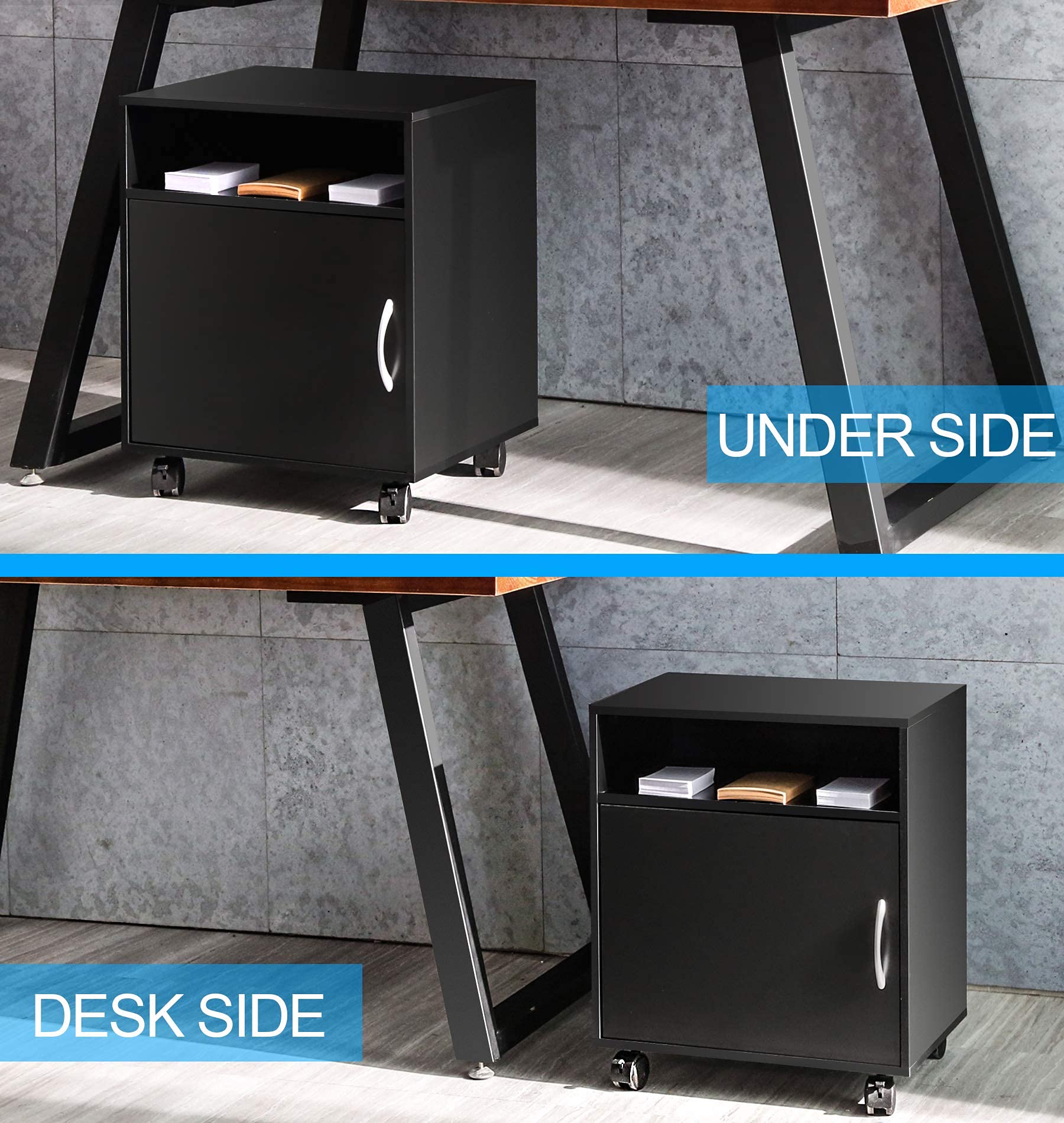 FITUEYES Printer Stand with Adjustable Storage Shelves, Mobile Black Wood Work Cart on Wheels, Rolling File Cabinet with Door for Home Office, PS404801WB