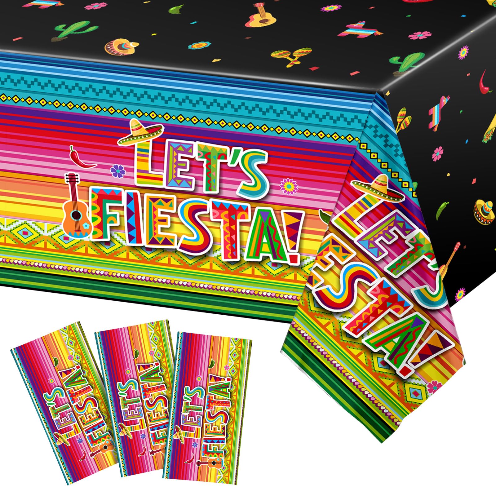 3 Pieces Fiesta Theme Party Tablecloth, Cinco De Mayo Party Table Covers Mexican Serape Table Runner Cloth Fiesta Birthday Party Supplies for Mexican Fiesta Party Wedding Decoration, 108 x 54 Inch