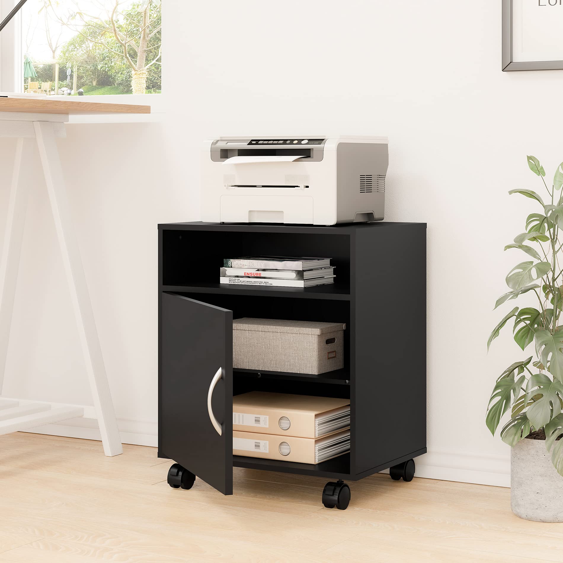 FITUEYES Printer Stand with Adjustable Storage Shelves, Mobile Black Wood Work Cart on Wheels, Rolling File Cabinet with Door for Home Office, PS404801WB
