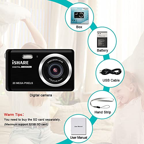 Digital Camera for Photography, 20MP Rechargeable Point and Shoot Digital Camera with 2.8" LCD 8X Digital Zoom for Kids Teens Elders(Black)