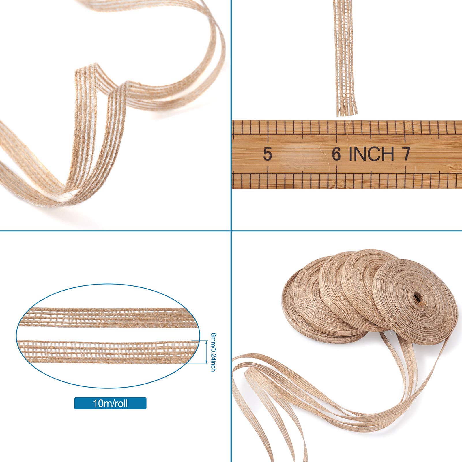Pandahall 5 Rolls Natural Burlap Fabric Ribbon 1/4 inches Tan Jute Linen Ribbon Rolls for Party Decoration, DIY Crafts
