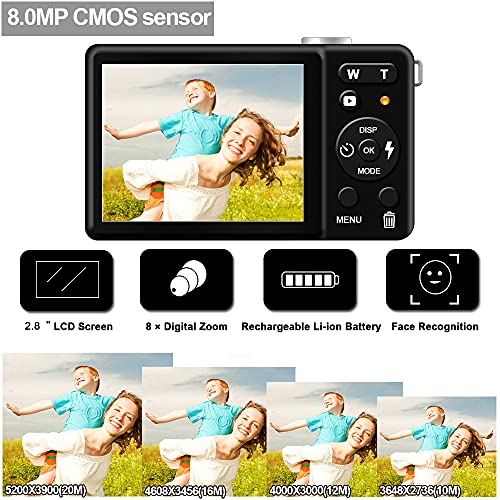 Digital Camera for Photography, 20MP Rechargeable Point and Shoot Digital Camera with 2.8" LCD 8X Digital Zoom for Kids Teens Elders(Black)