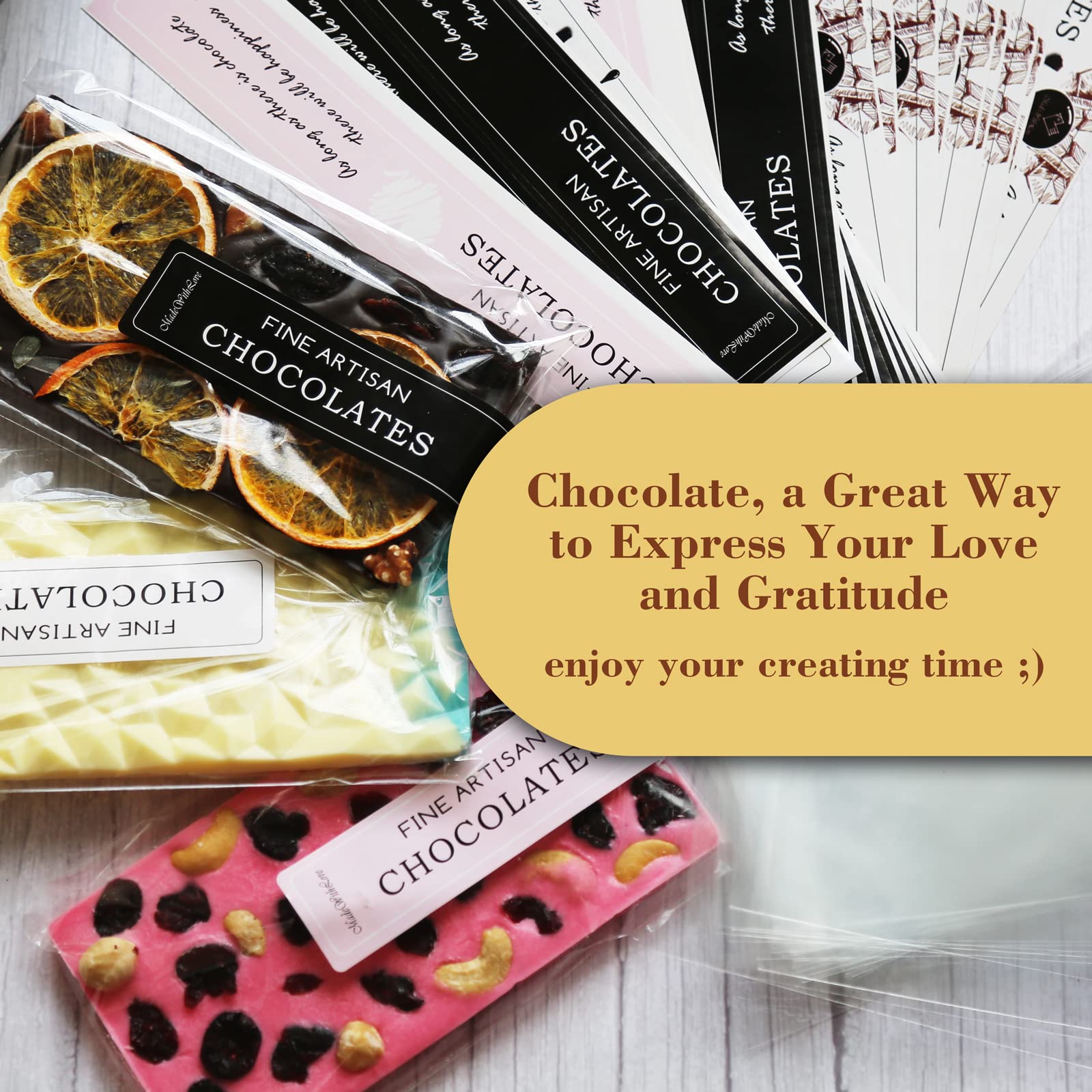 Chocolate Candy Bar Packaging Wrappers 190PCS SET With 100pcs 4"*7.8" Cellophane Clear Plastic Self Adhesive Bags and 90pcs Chocolate Stickers for DIY Chocolate Lover Small Batched Custom Sweets