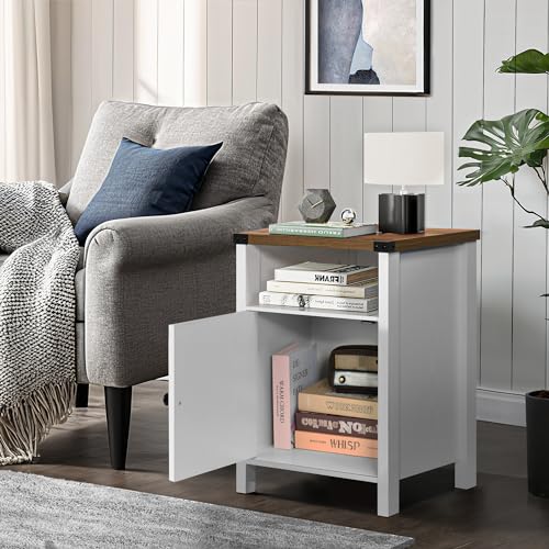 Catrimown Farmhouse End Table, Set of 2, Rustic Night Stand with Barn Door and Storage Shelf, White End Table Side Table for Bedroom Living Room, White