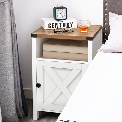Catrimown Farmhouse End Table, Set of 2, Rustic Night Stand with Barn Door and Storage Shelf, White End Table Side Table for Bedroom Living Room, White