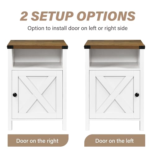 Catrimown Farmhouse End Table, Set of 2, Rustic Night Stand with Barn Door and Storage Shelf, White End Table Side Table for Bedroom Living Room, White