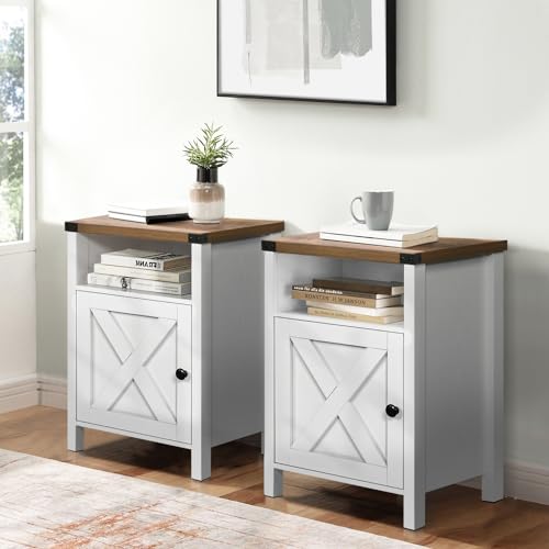 Catrimown Farmhouse End Table, Set of 2, Rustic Night Stand with Barn Door and Storage Shelf, White End Table Side Table for Bedroom Living Room, White