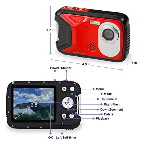 Waterproof Camera Underwater Camera for Snorkeling, Vmotal Full HD 1080P 21MP Kids Camera Rechargeable Digital Point and Shoot Cameras Vlogging Camera with 2.8 Inch Screen 8X Digital Zoom (Red)