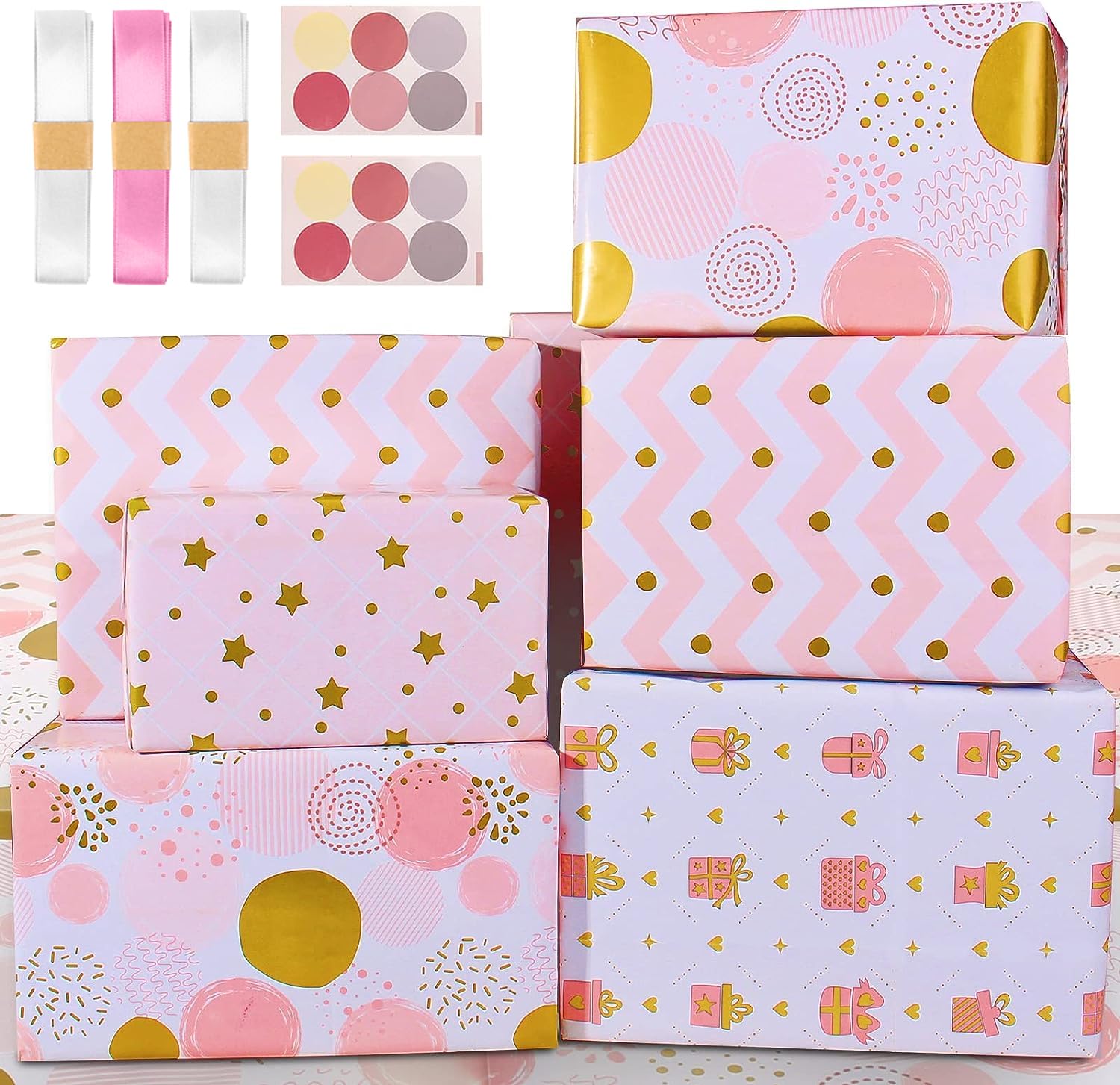 Wrapping Paper Pink Gold Birthday Gift Wrapping Paper for Girls Women-Soft Pink Gift Wrap Paper and Ribbon Sticker for Present - Pretty Light Pink Wrapping Paper Birthday Girl Wrapping Paper Birthday Wrapping Paper Girls Folded Sheets for Party,Wedding,Va