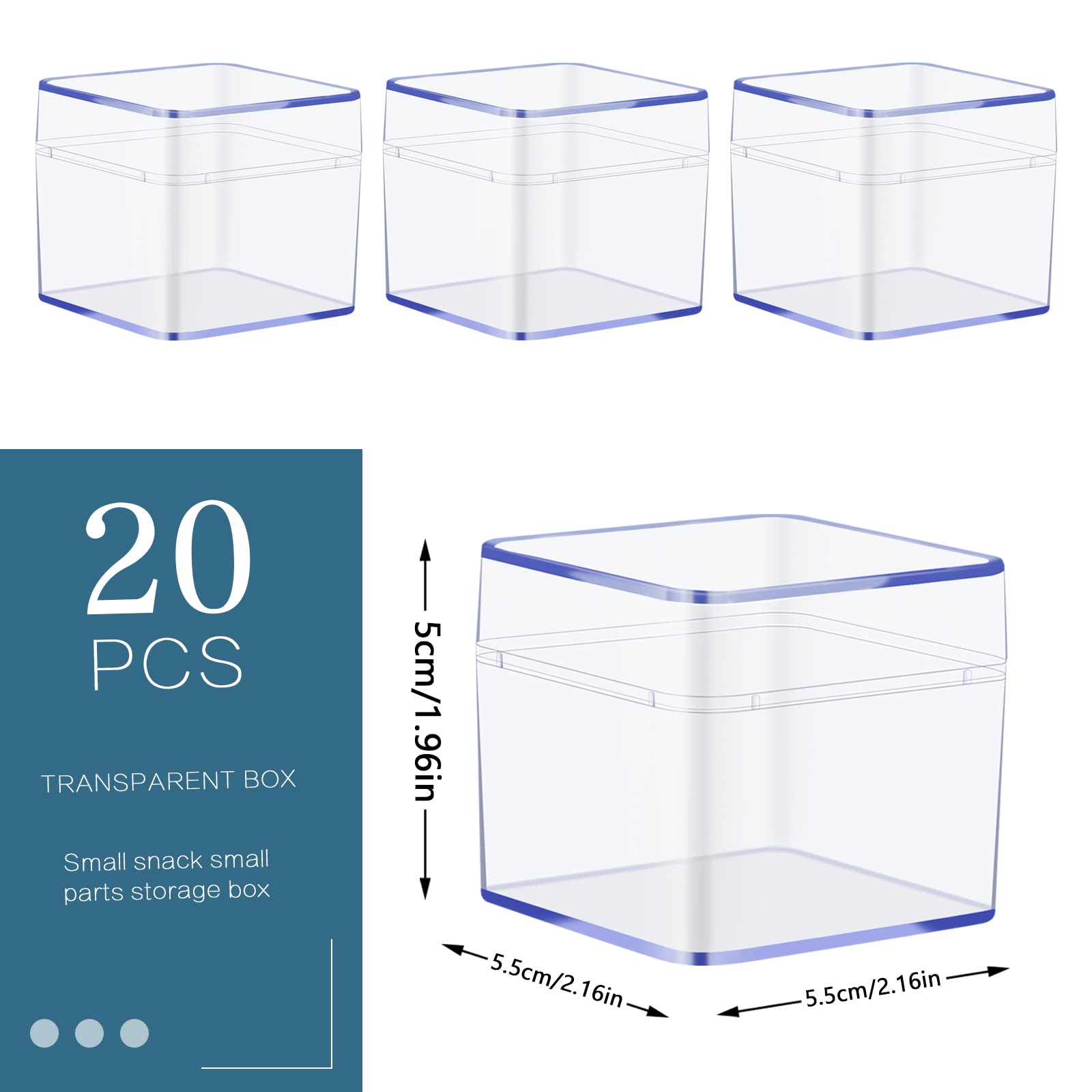 Amersumer 20Pack Plastic Clear Box with Separate Lid,2.2x2.2x2 Inchs,Beads Storage Containers Square Clear Containers Box for Pills Herbs Tiny Bead Earring Jewerlry Candy Gifts Party Favor and More