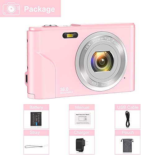 Digital Camera, AOREGRE FHD 1080P 36.0 MP Vlogging Camera with 16X Digital Zoom, 2.4 Inch LCD Screen, Compact Mini Small Camera Gift for Teens, Kids, Students (Pink)