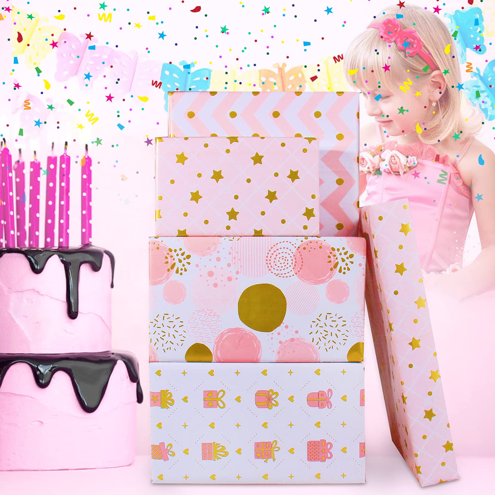 Wrapping Paper Pink Gold Birthday Gift Wrapping Paper for Girls Women-Soft Pink Gift Wrap Paper and Ribbon Sticker for Present - Pretty Light Pink Wrapping Paper Birthday Girl Wrapping Paper Birthday Wrapping Paper Girls Folded Sheets for Party,Wedding,Va