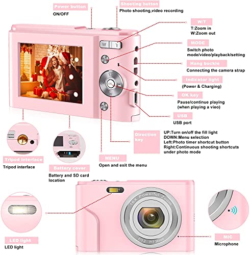 Digital Camera, AOREGRE FHD 1080P 36.0 MP Vlogging Camera with 16X Digital Zoom, 2.4 Inch LCD Screen, Compact Mini Small Camera Gift for Teens, Kids, Students (Pink)