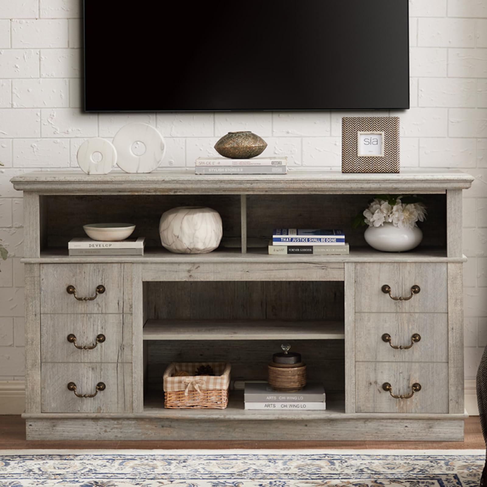 LETESA Traditional Classic Media TV Stand for TV up to 65”, Retro Wooden TV Console with Open and Closed Storage Cabinets for Bedroom, Living Room, Corridor (Light Gray)
