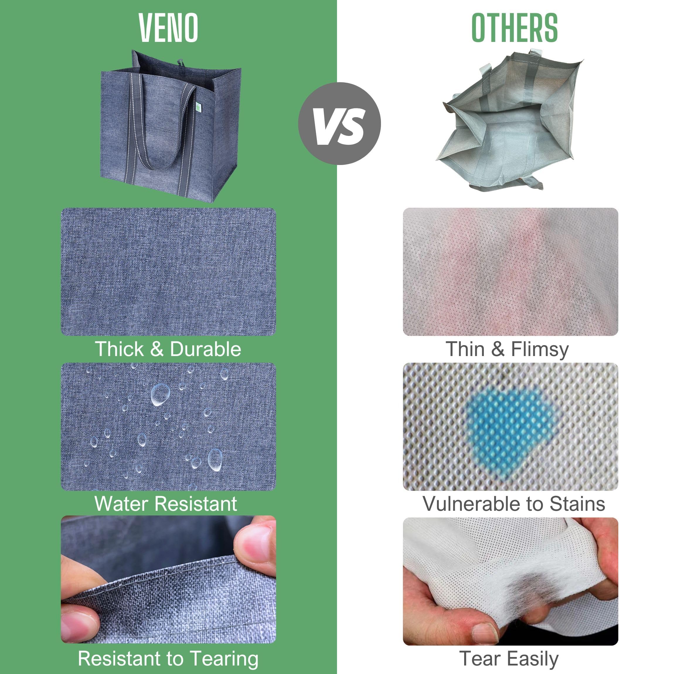 VENO 4 Pack Reusable Grocery Shopping Bag w/ Hard bottom, Foldable, Multipurpose Heavy Duty Tote, Daily Utility bag, Stands Upright, Sustainable (Set of 4, Gray)