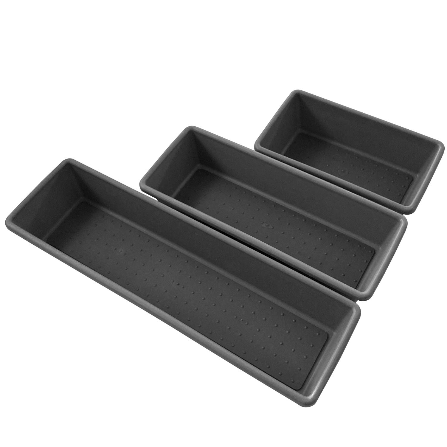 edge Tray Bins 3 Pack Multi Use Storage for Kitchen Darwers, Office and Bathroom Non-Slip Durable Rubber Lining, Charcoal - Large