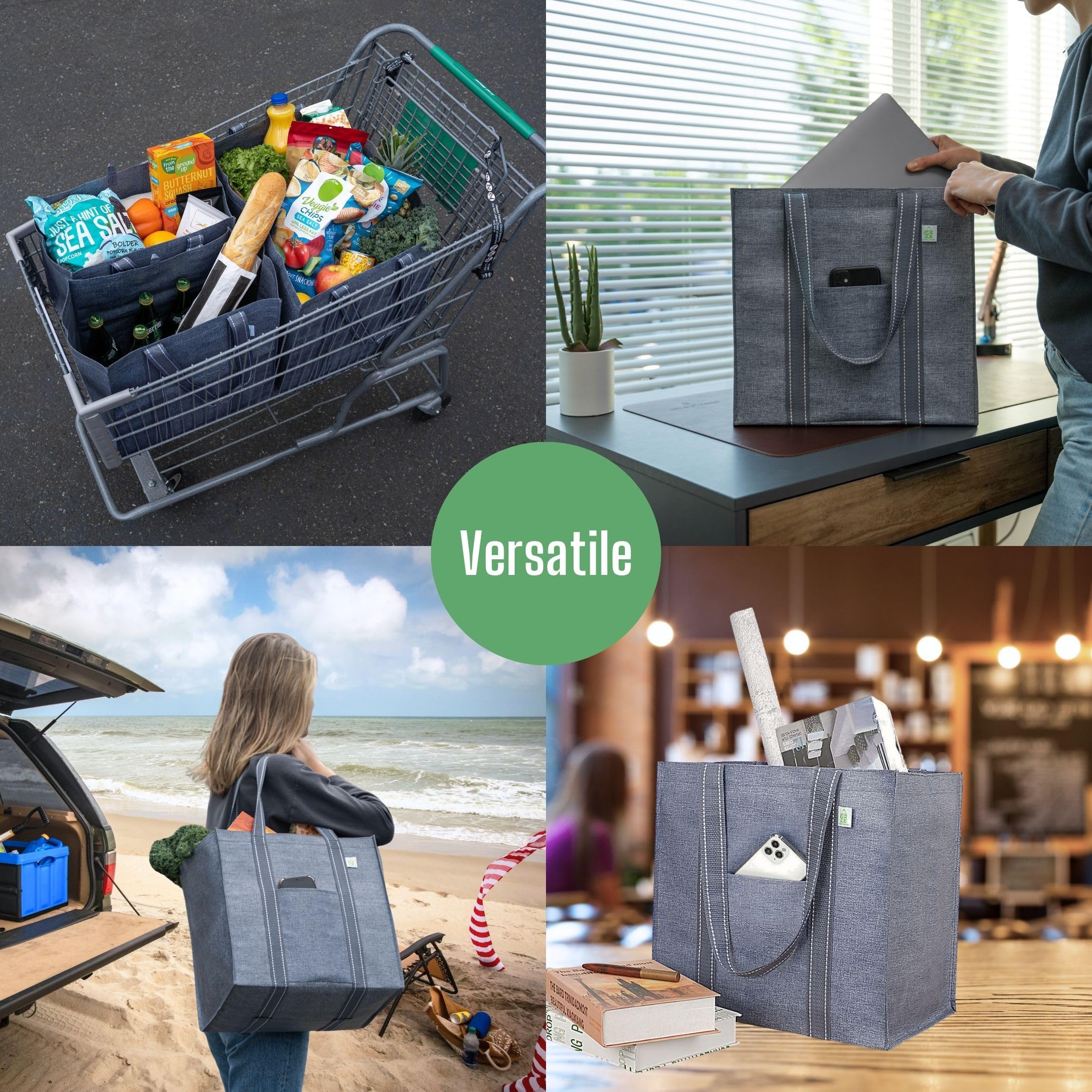 VENO 4 Pack Reusable Grocery Shopping Bag w/ Hard bottom, Foldable, Multipurpose Heavy Duty Tote, Daily Utility bag, Stands Upright, Sustainable (Set of 4, Gray)