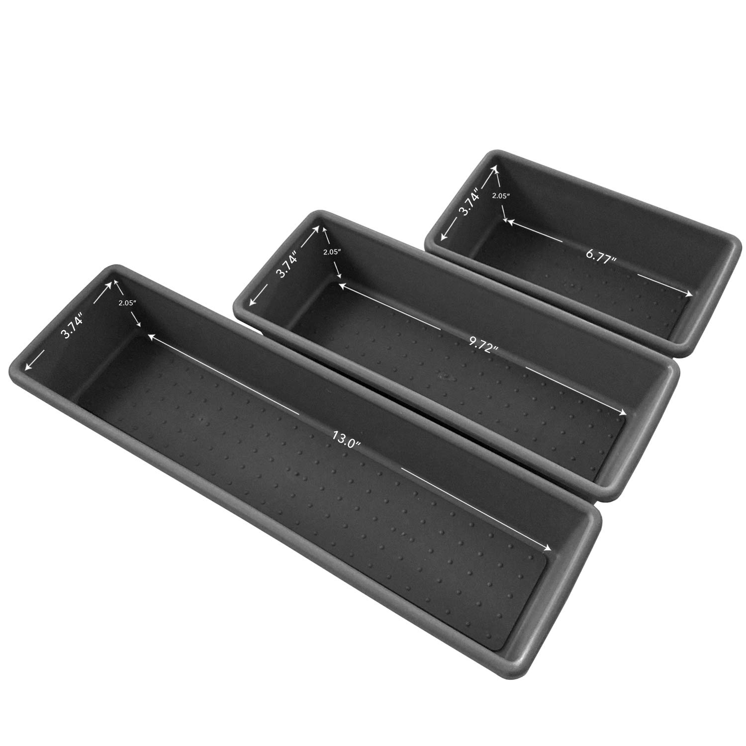 edge Tray Bins 3 Pack Multi Use Storage for Kitchen Darwers, Office and Bathroom Non-Slip Durable Rubber Lining, Charcoal - Large