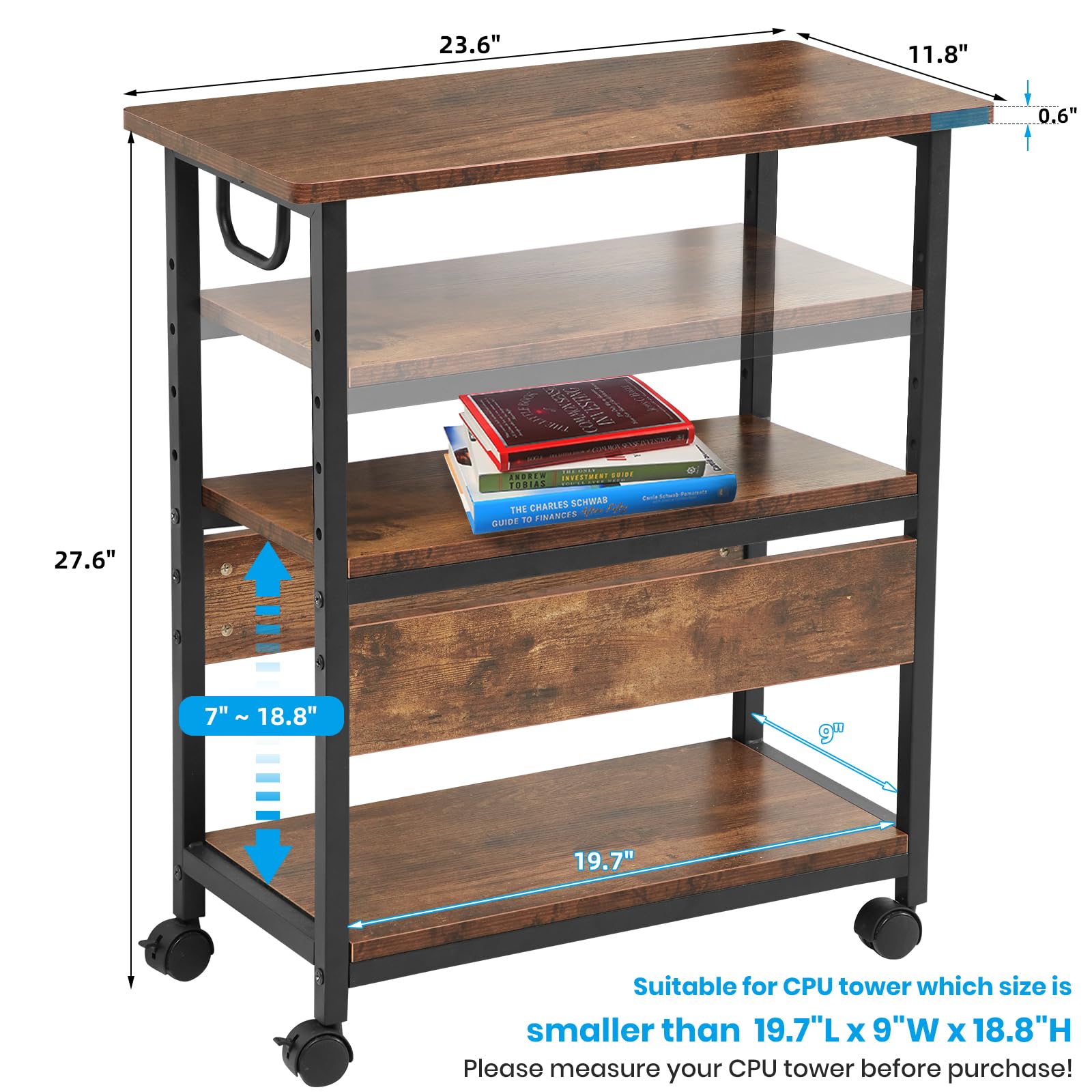 TooCust Computer Tower Stand with Wheels, Adjustable PC Tower Stand Computer Floor Stand CPU Stand, Movable PC Cart Computer Tower Floor Stand PC Stand for Under Desk (Rustic Brown)