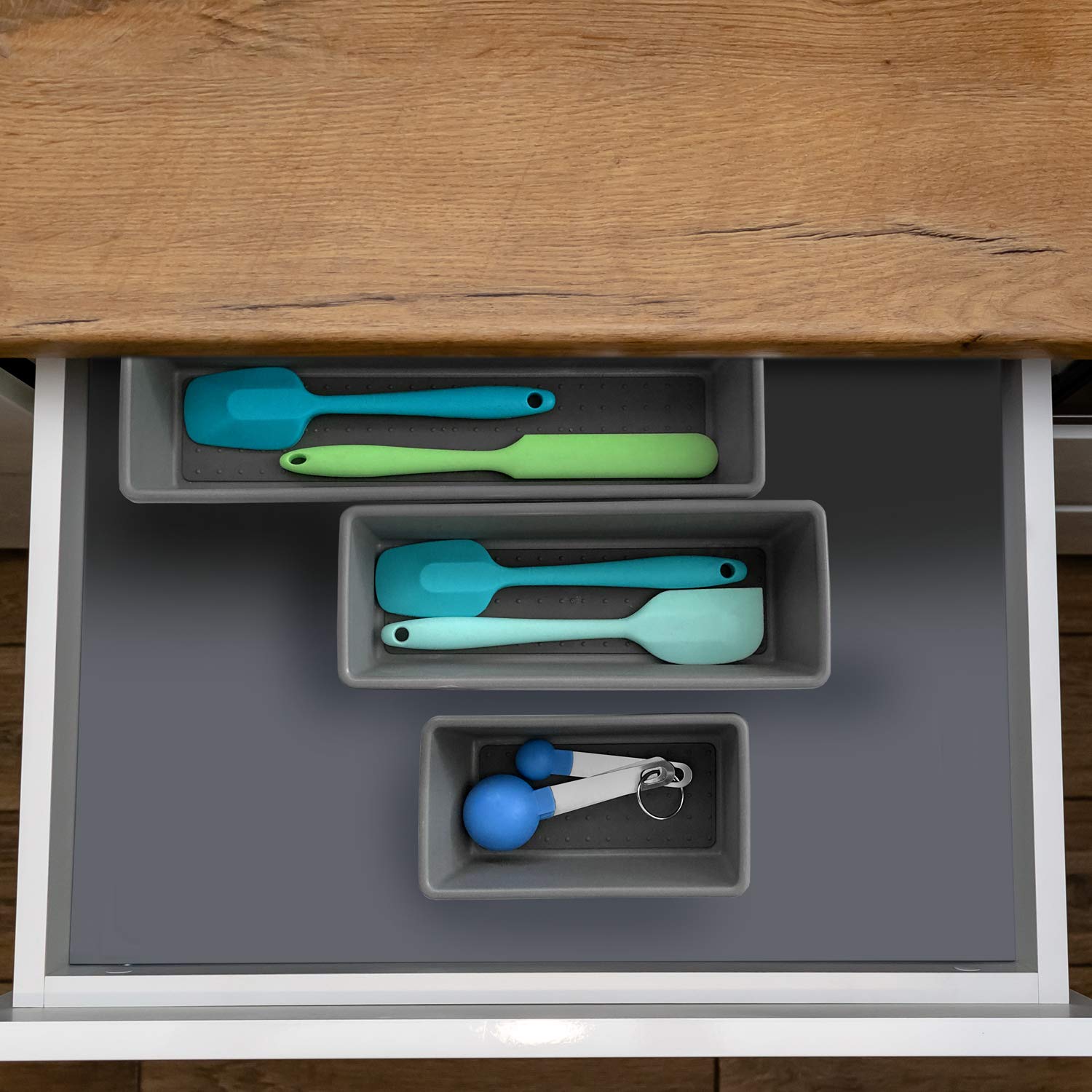 edge Tray Bins 3 Pack Multi Use Storage for Kitchen Darwers, Office and Bathroom Non-Slip Durable Rubber Lining, Charcoal - Large