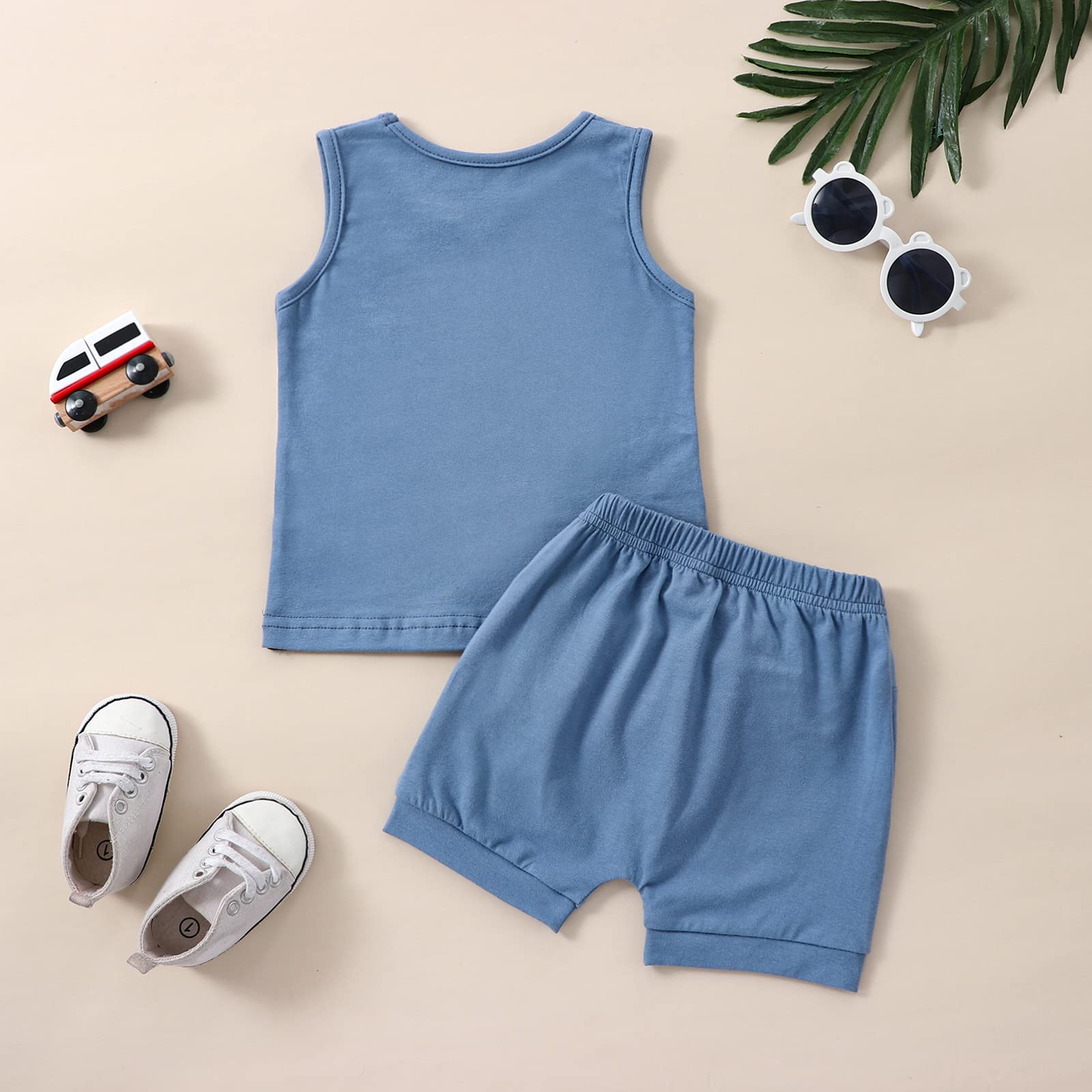 Toddler Baby Boy Summer Waffle Clothes Outfits Set Sleeveless Tree Fish Print Tank Tops + Shorts Set (Yellow, 12-18 Months)