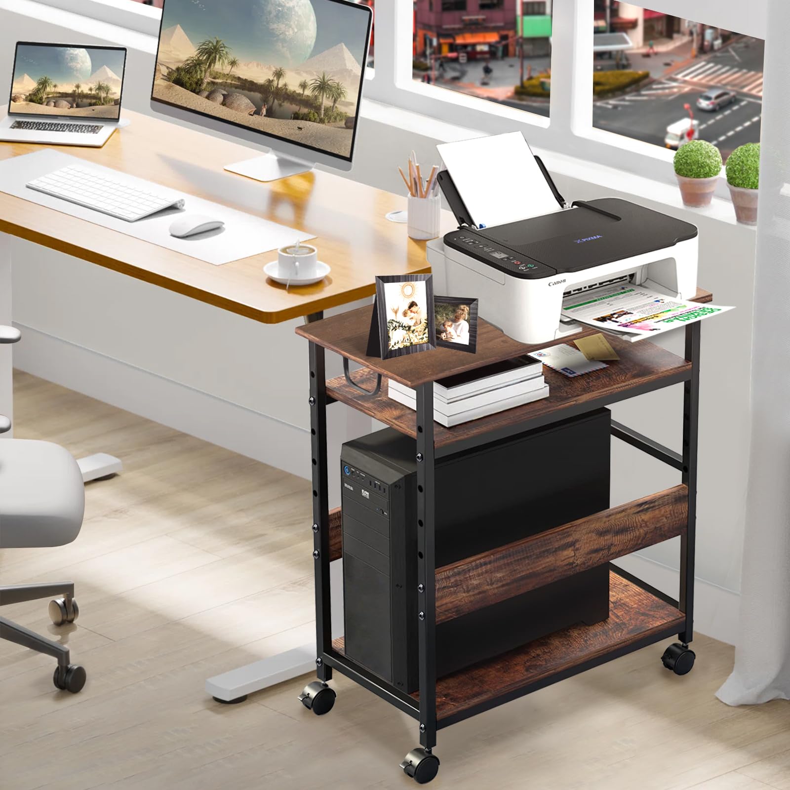 TooCust Computer Tower Stand with Wheels, Adjustable PC Tower Stand Computer Floor Stand CPU Stand, Movable PC Cart Computer Tower Floor Stand PC Stand for Under Desk (Rustic Brown)